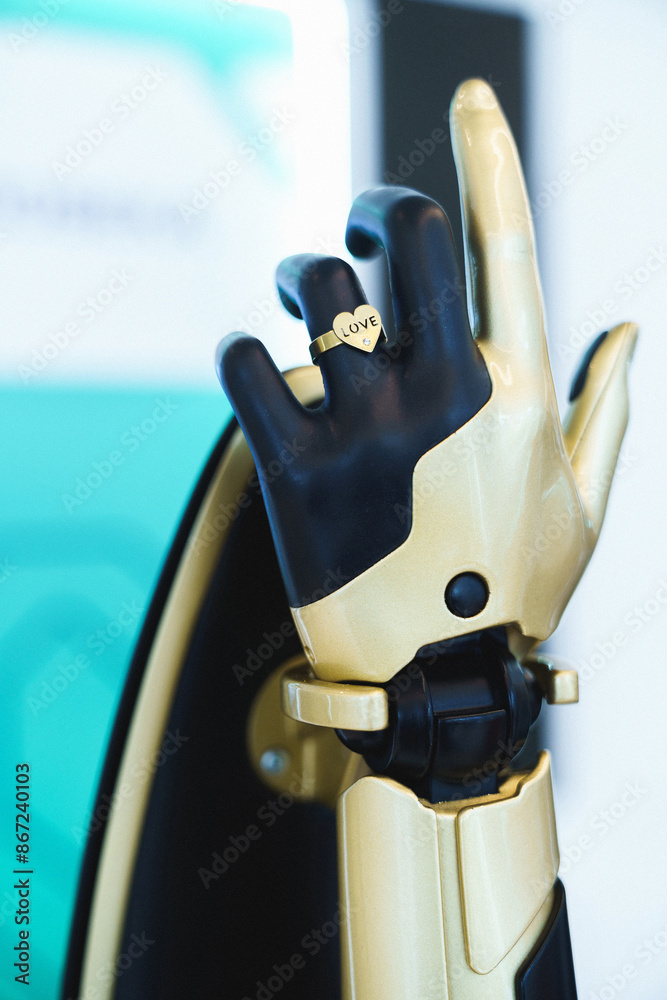 prosthetic mechanical female hand with a ring on the finger symbolizing ...