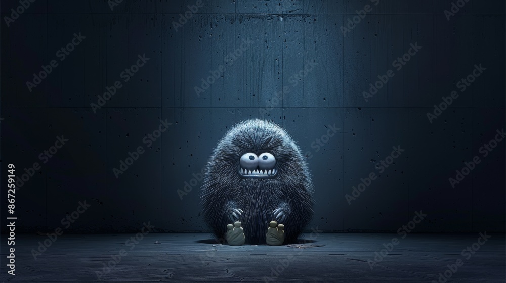 Fluffy gray creature with large round eyes in dim setting. Short limbs ...