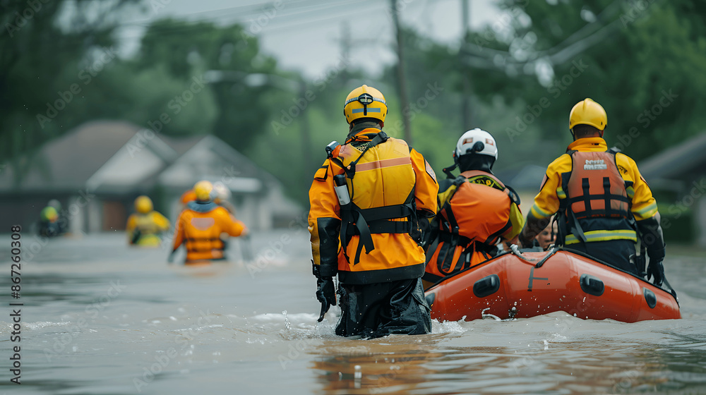 Foto de Stock Rescue team aiding flood victims with rescue boats ...