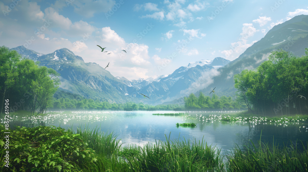 Digital Nature Fusion Show a serene natural landscape where digital D ...