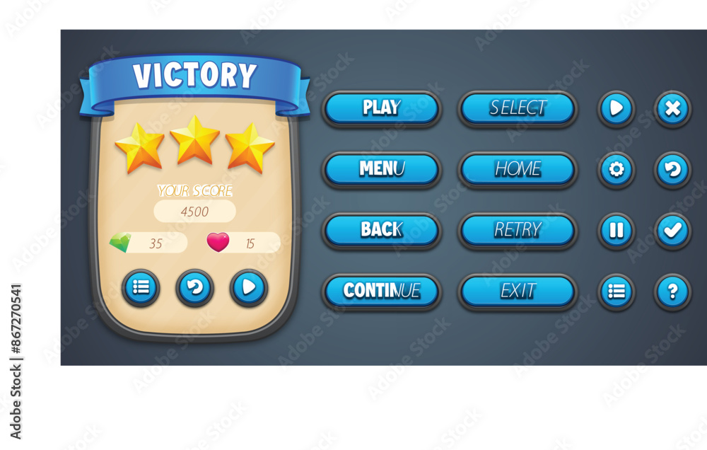 Vector blue theme premium game UI kit. Set of victory menu scene pop up ...