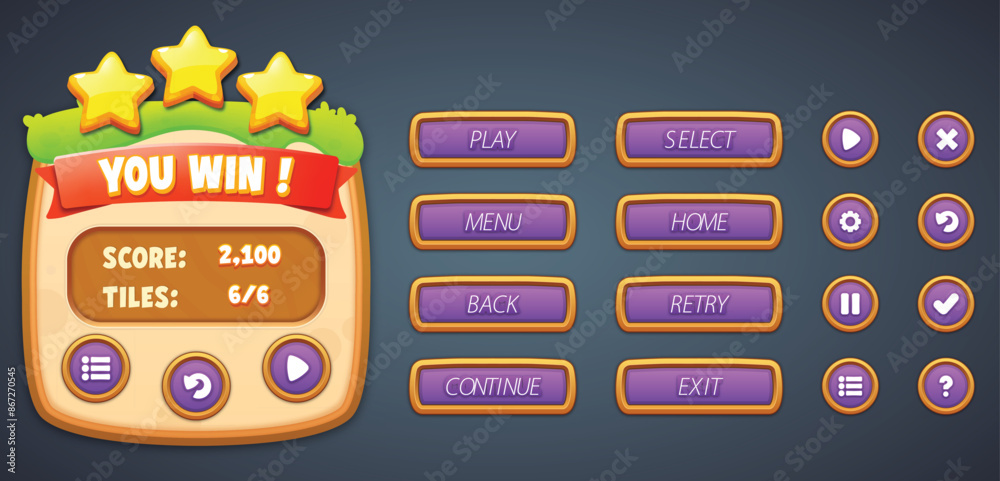 Stock-Vektorgrafik „Vector purple theme game UI kit. Set of victory menu scene pop up, icons ...