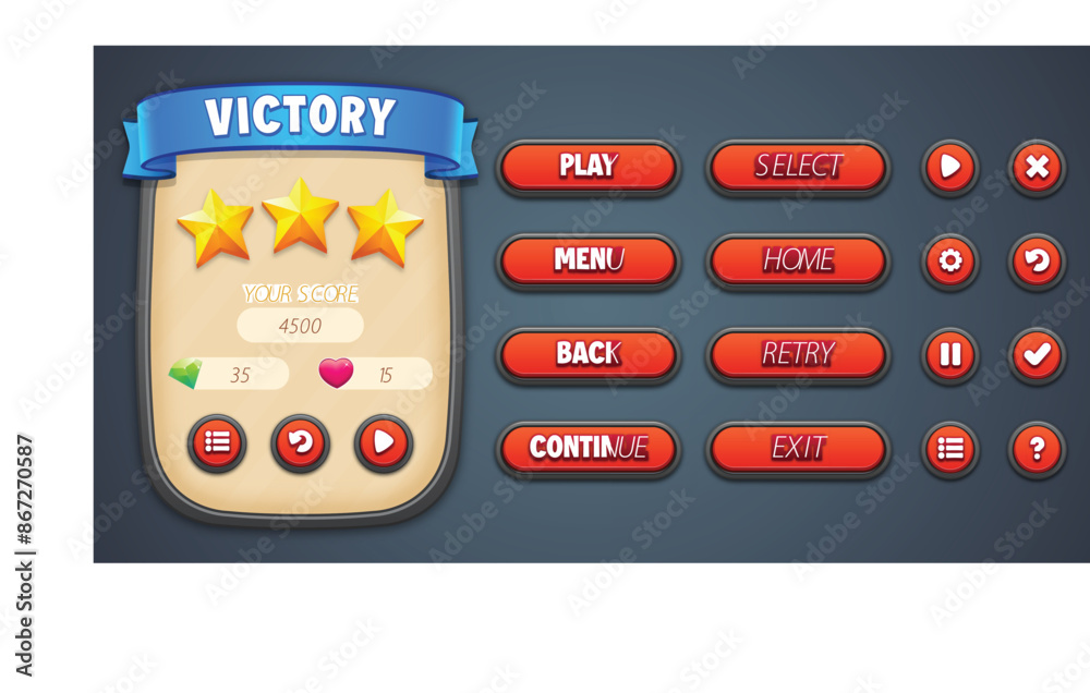 Vector red theme premium game UI kit. Set of victory menu scene pop up ...