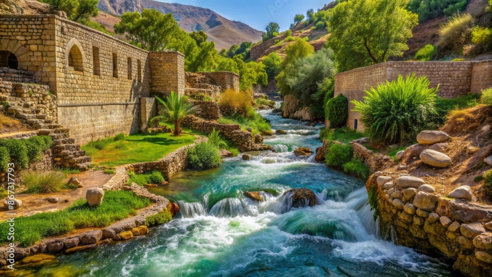 Serene landscape of flowing water amidst lush greenery and rustic stone ...