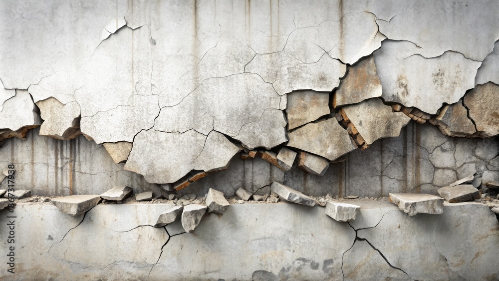 Fissured, crumbling, and decaying concrete wall with jagged cracks and ...