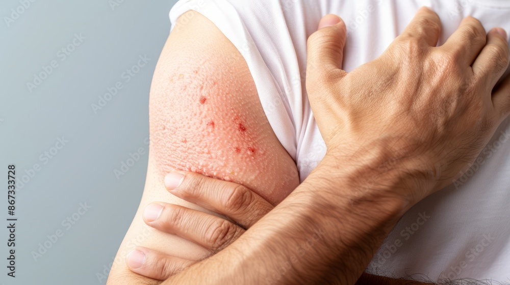 Man scratching his arm intensely, showing signs of allergic reaction ...