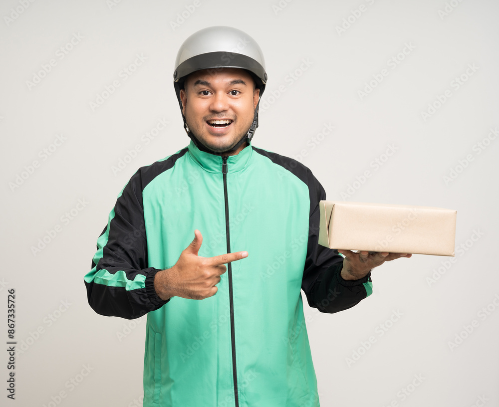 Young asian rider wearing green jacket uniform and helmet various ...