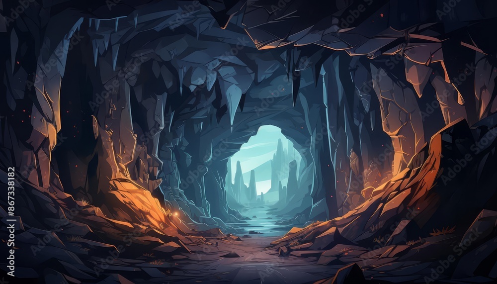 Cavern background with explorer, flat design, top view, adventure theme ...