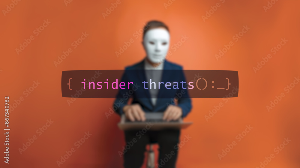 Cybersecurity concept insider threats on foreground screen, hacker silhouette hidden with low ...