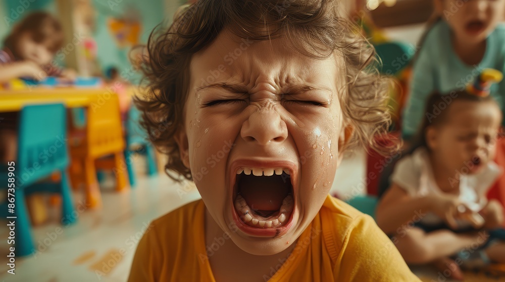 Baby crying and having a tantrum in daycare. Stock Illustration | Adobe ...