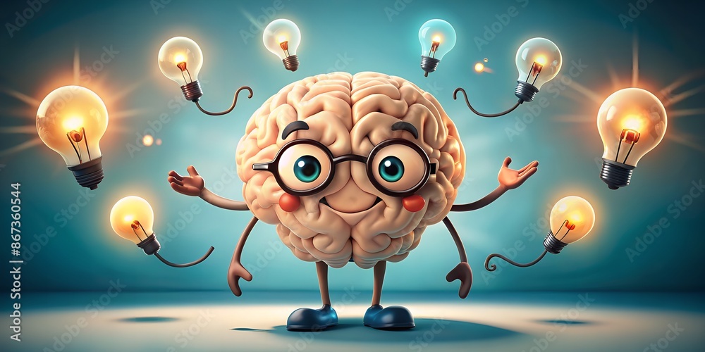 Adorable cartoon brain character surrounded by light bulbs and question ...