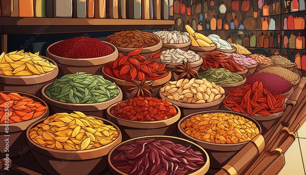 Spice market background with aromatic spices, flat design, top view ...