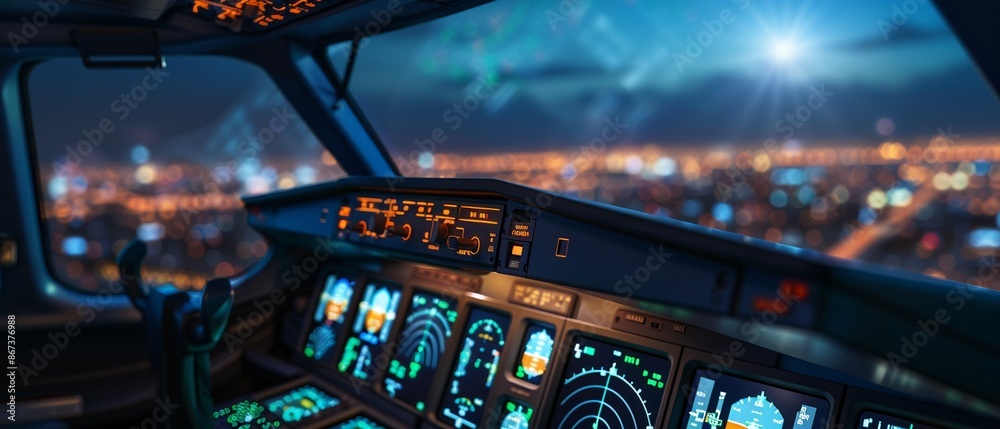 Airplane cockpit interior, detailed panels, modern technology, pilots ...