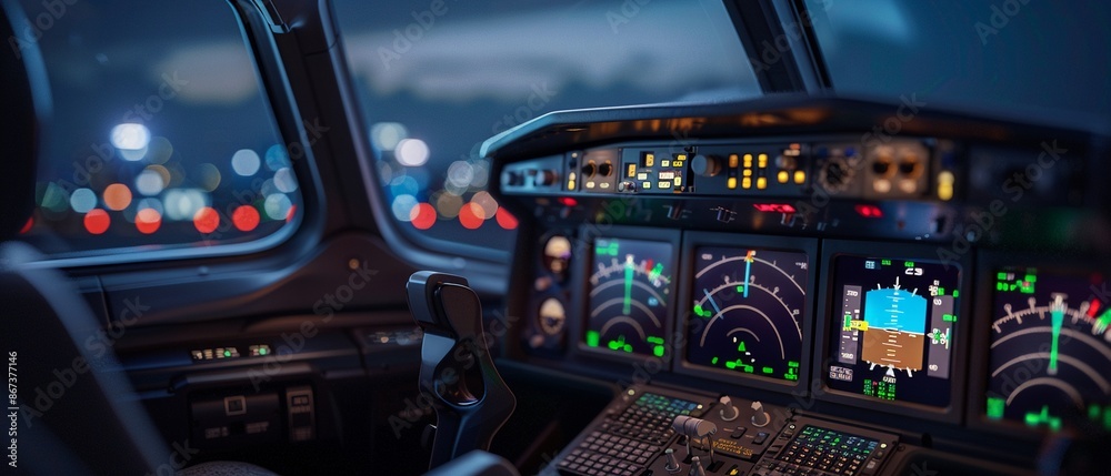 Inside view of an airplane cockpit, detailed controls, modern avionics ...
