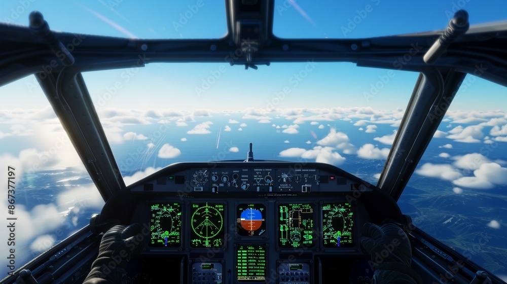 Pilots perspective from the cockpit of a fighter aircraft, detailed ...
