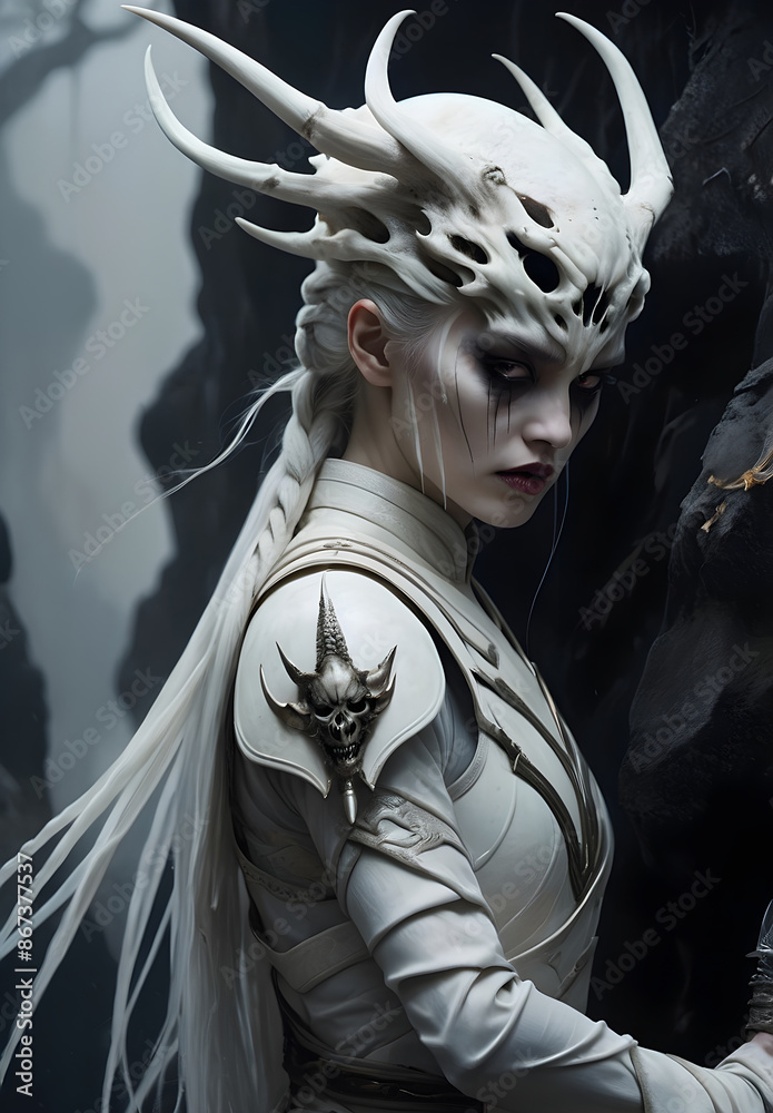 Dramatic Warrior Character with Horns and Intense Stare in a Haunting ...