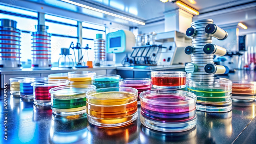 Microscopic Petri dishes filled with colorful cell cultures ...
