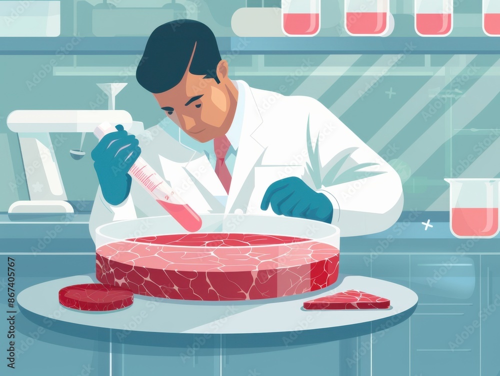 Lab-grown meat (petri dish with cultured cells) (scientist inspecting ...