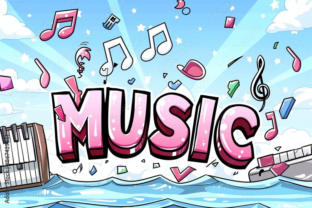 Energetic "MUSIC" spelled in a 3D cartoon style using bright colors and ...