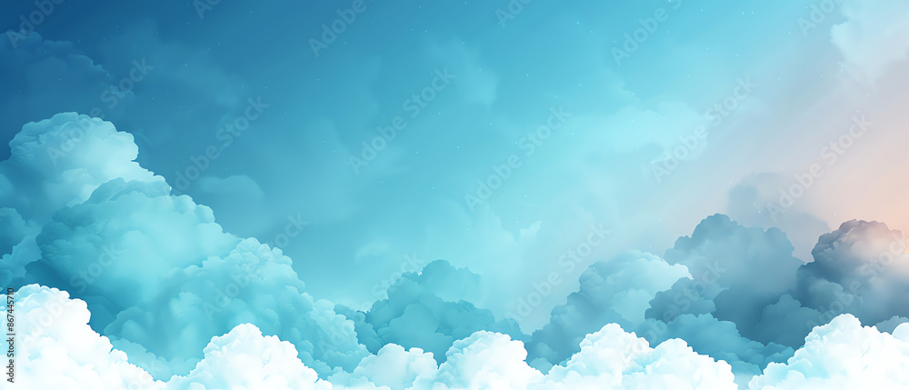 blue sky with clouds flat design, top view, tranquil theme, watercolor ...