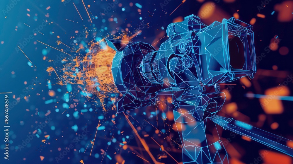 A polygonal movie camera with a video concept, depicted through vector ...