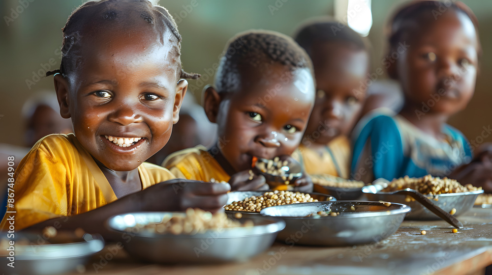 Happy poor african school children eating together. Problems of hunger ...