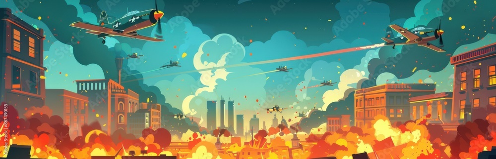 World War 2 Air Combat. Fighter Planes Attack Burning City in Cartoon ...