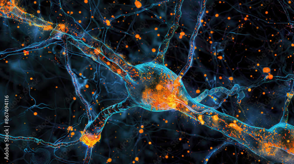 A close-up view of a neuron with its branches illuminated, displaying a ...