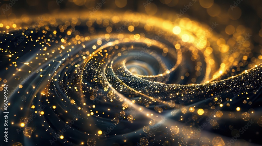 mesmerizing golden particle vortex spiraling against a deep black background creating a ...