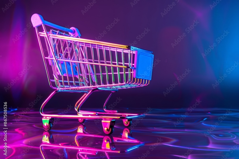 Neon Shopping Cart on Reflective Surface Stock Illustration | Adobe Stock