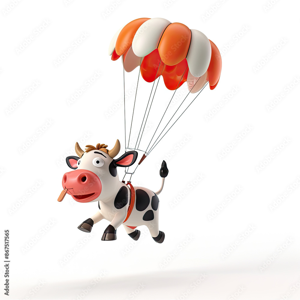 3d funny cartoon cow on a parachute close-up, isolated, on a white ...
