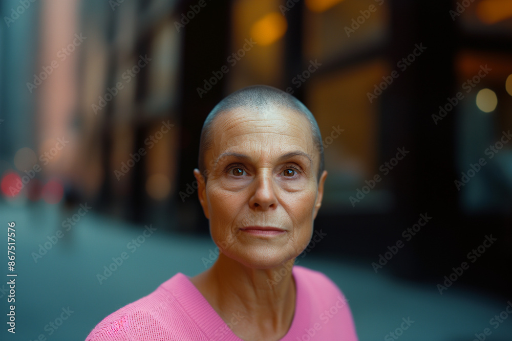 A close-up photo of a woman's determined gaze, her shaved head a symbol ...