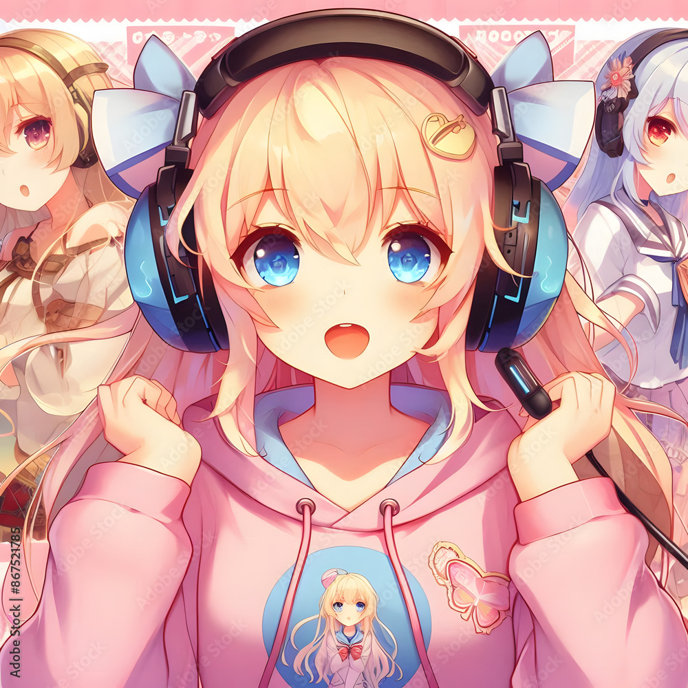 cute blonde anime character vtuber wearing gaming headphones featuring ...