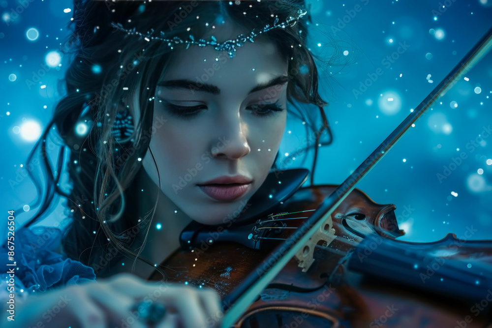 violinist. Realistic portrait of a girl playing the violin, bathed in ...