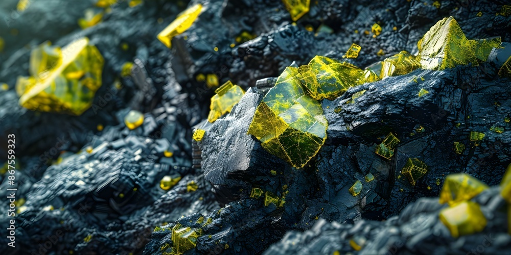 Dark uranium ore with yellowgreen crystals in jagged rock face. Concept ...