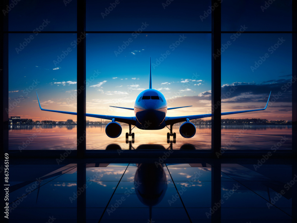 Commercial airplane at gate during sunset, view through terminal window ...