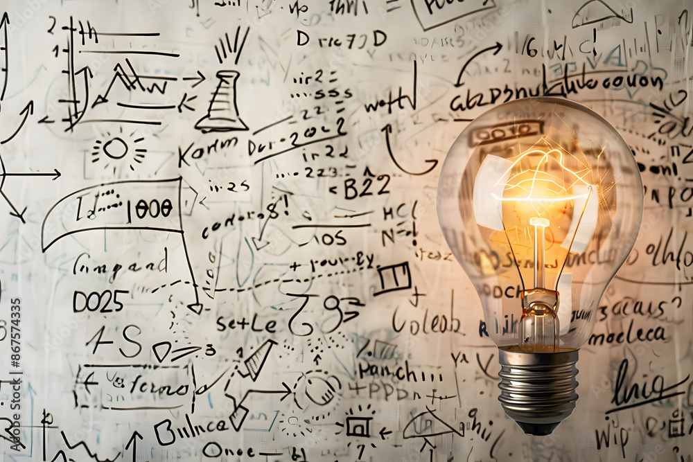 Bright light bulb against white background with handwritten math ...