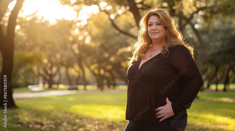 A 3/4 body shot of a 55-year-old overweight woman, dressed in black ...