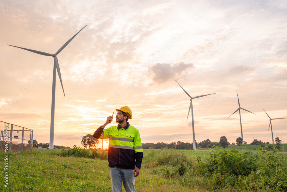 Engineer wearing uniform inspection and survey work in wind turbine ...