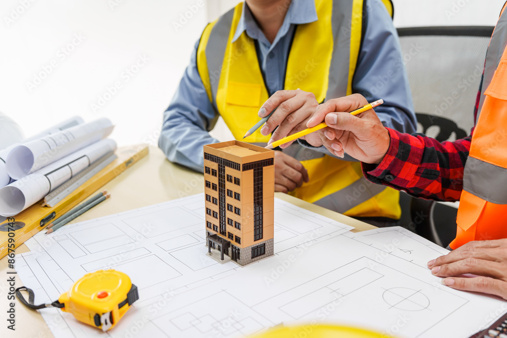 Two men, including a male Asian construction contractor engineer ...