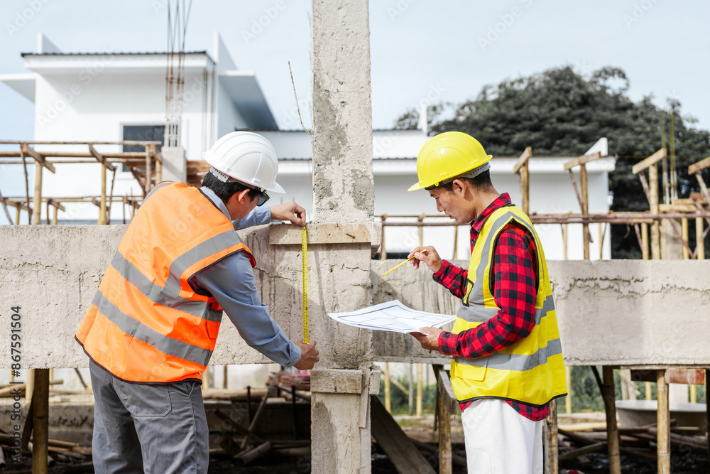 Two male construction workers, including an Asian engineer ...