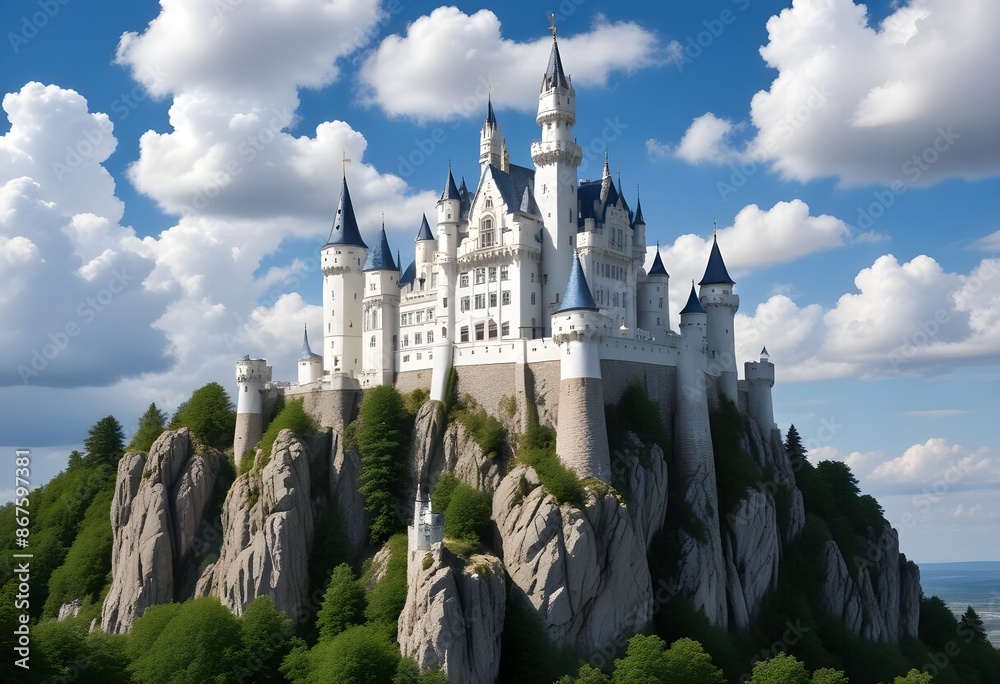 Fairy tales high fantasy castle on a impegnetrable rock cliff, white ...