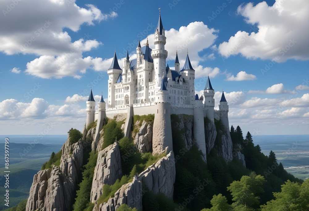 Fairy tales high fantasy castle on a impegnetrable rock cliff, white ...