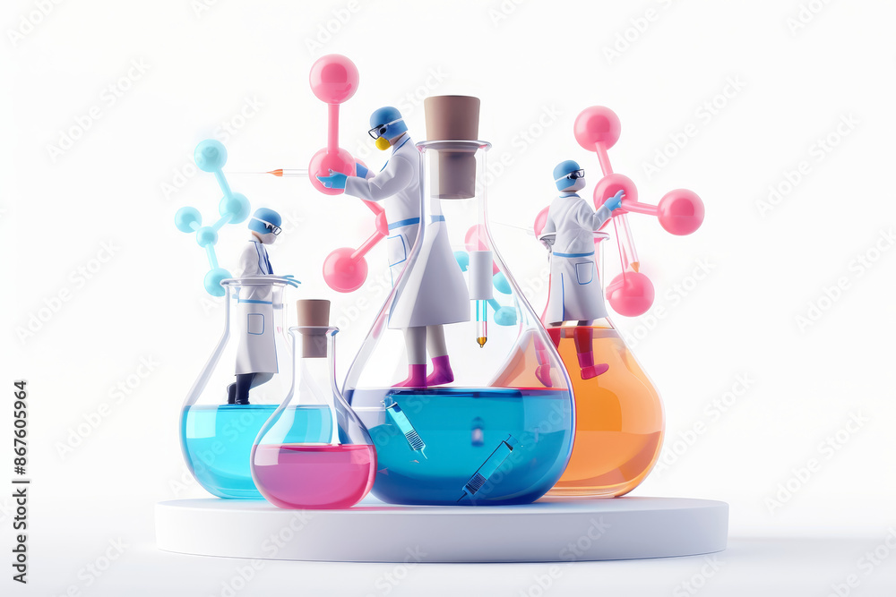 Scientists working with colorful chemical formulas in lab flasks ...