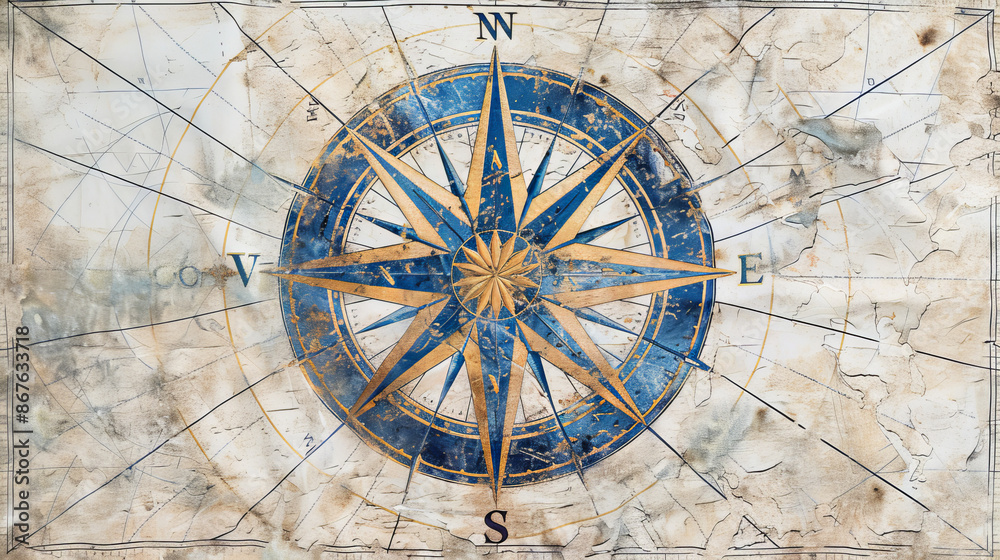 An ancient compass rose is a circular drawing on a map that shows the ...