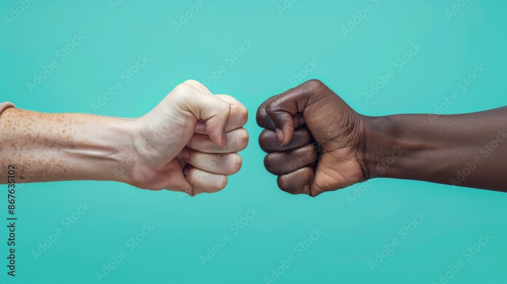 Fist bump between different skin tones on light blue background, symbol ...