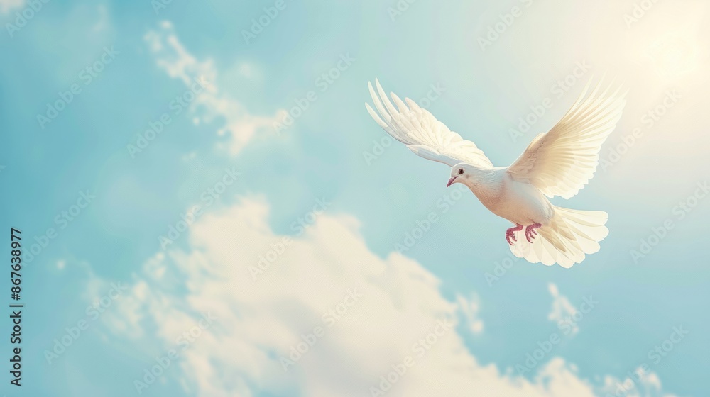 Space sky funeral background with white dove in flight, serene and ...