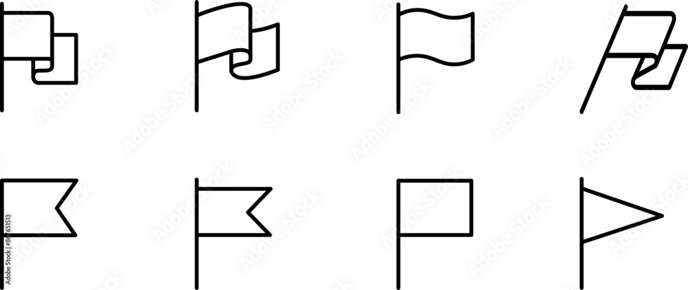 Flag line icon set. Checkered flags, location marker, waving pennant, bookmark, pin minimal ...