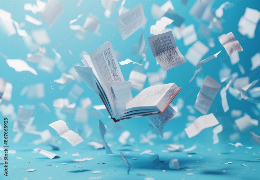 open book flying through the air with its pages turning, against a blue ...