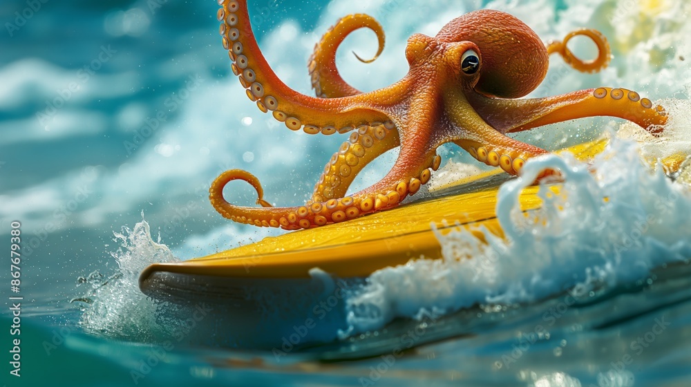 A cartoonish octopus is riding a surfboard in the ocean. The image has ...